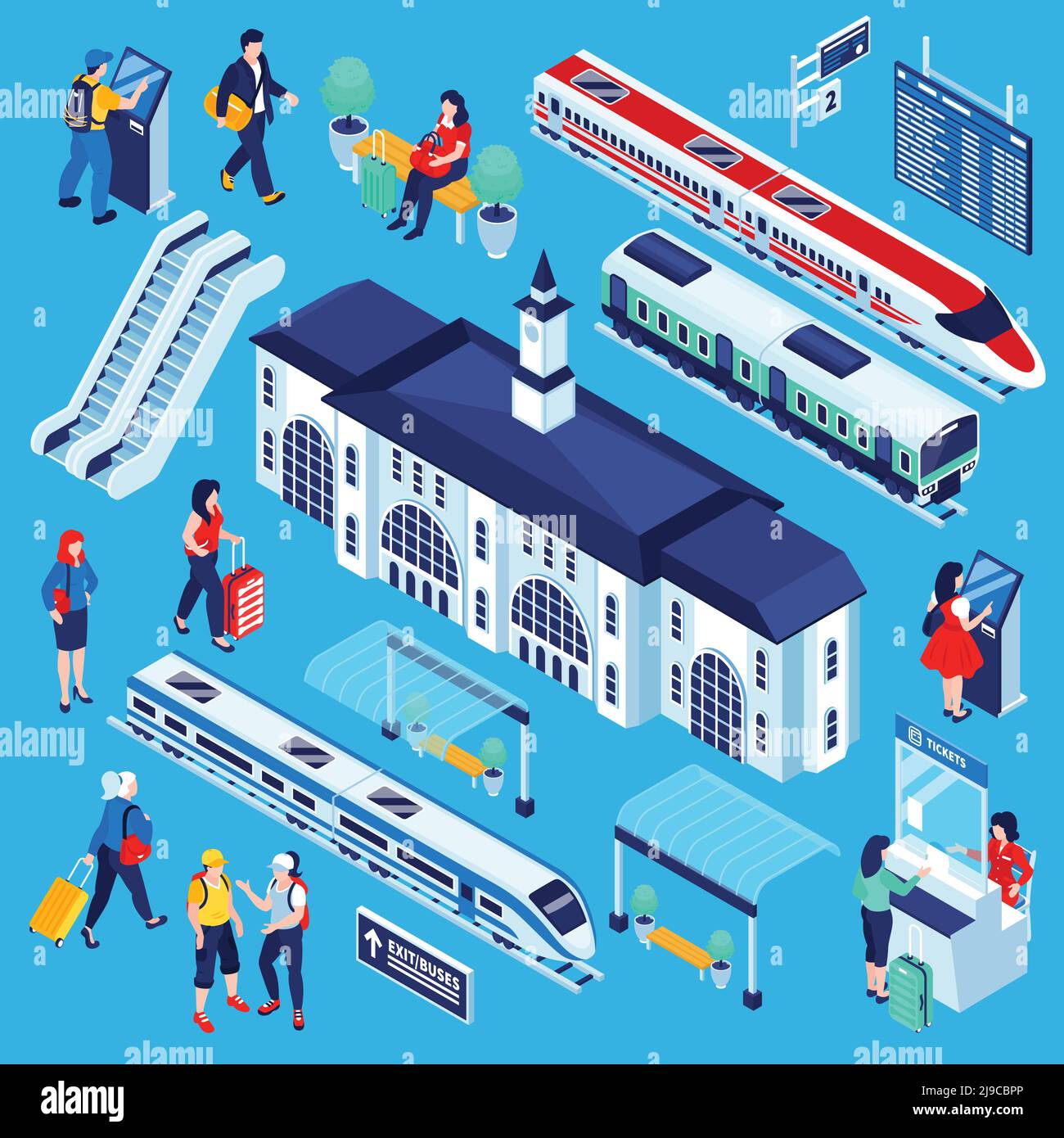 Isometric railway station set of isolated railroad complex constructor ...