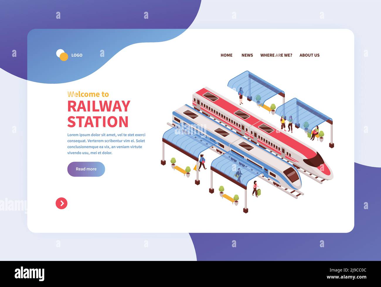 Isometric railway station concept banner web site landing page design ...