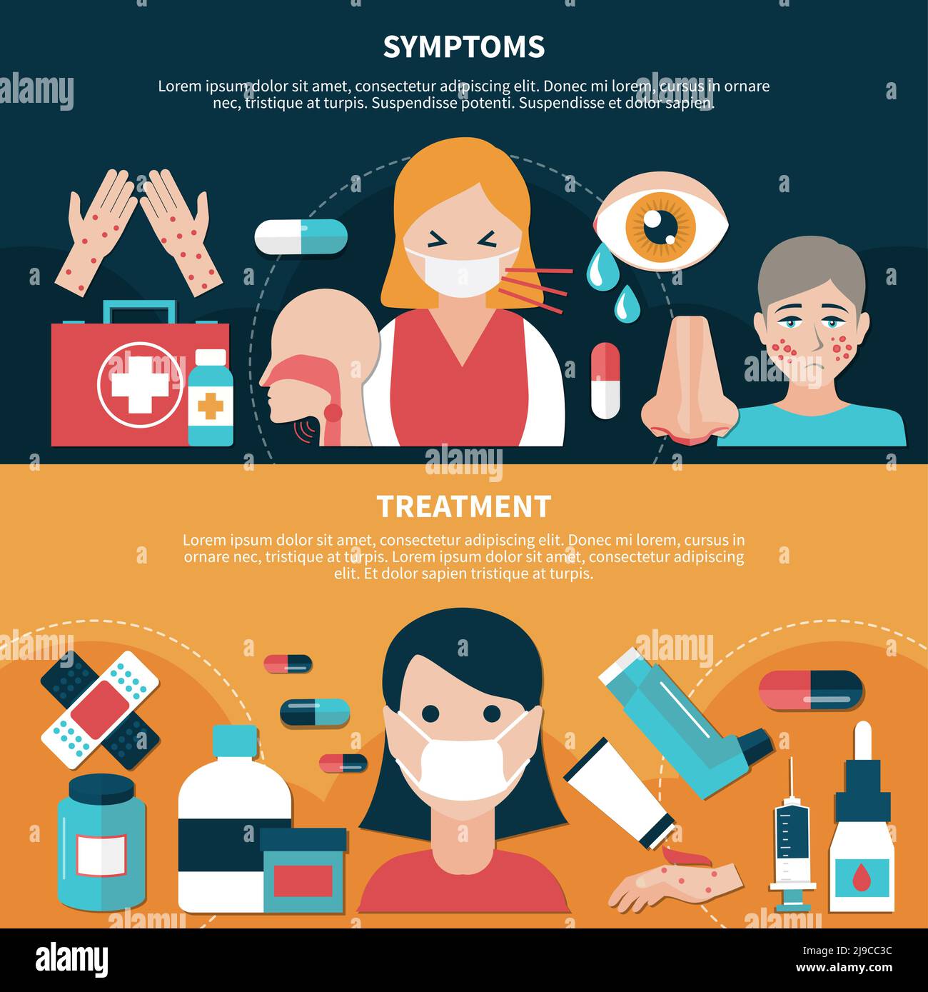 Flat design set of banners with symptoms and treatment for people ...