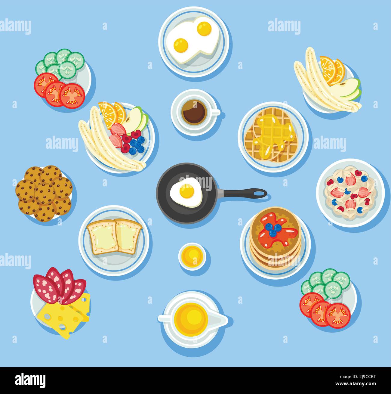 Traditional breakfast food set with vegetables fruits omelette cookie ...