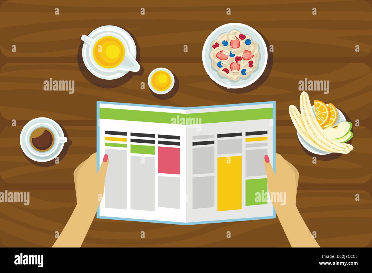 Colorful good morning template with female hands holding newspaper ...