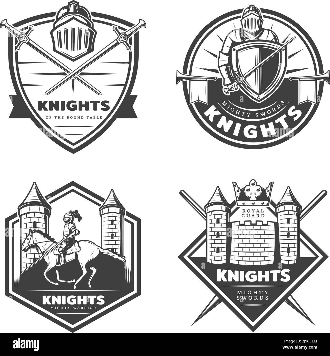 Vintage medieval emblems set with swords shield castle and knight in ...