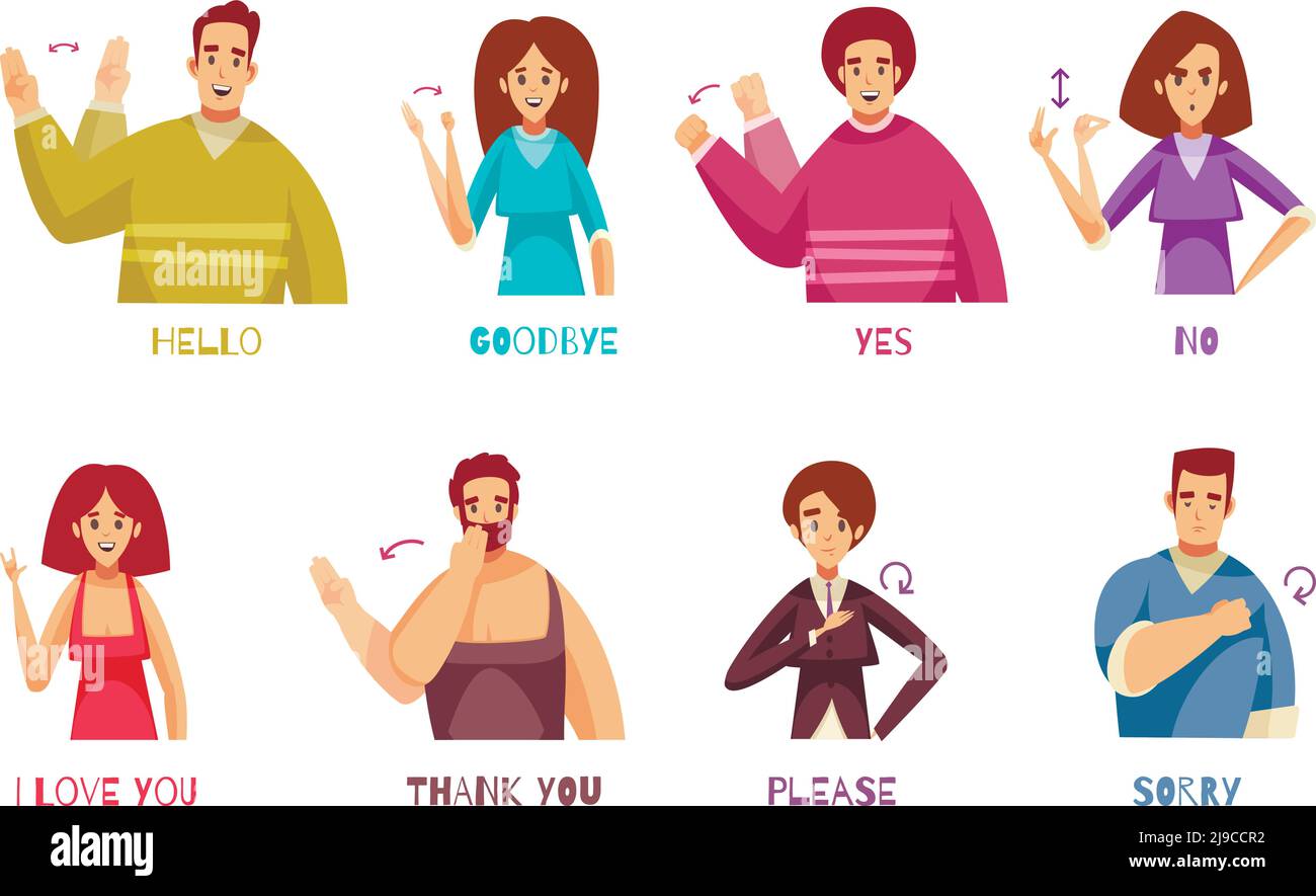 Sign language expressions set with people talking symbols flat isolated ...