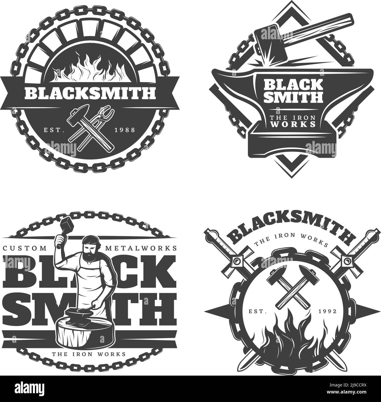 Monochrome vintage blacksmith emblems set with working master ...