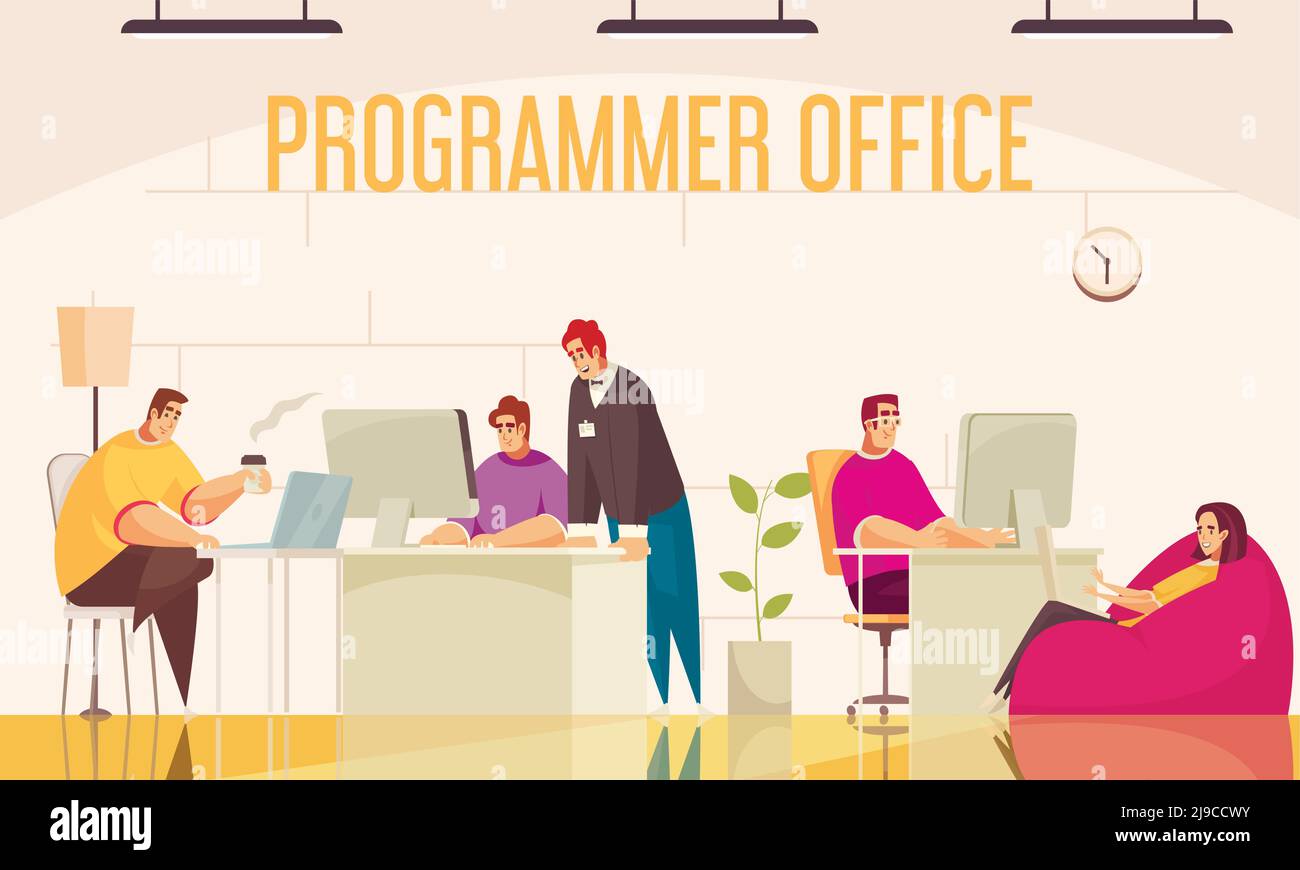 Programmer office background with working day symbols flat vector ...