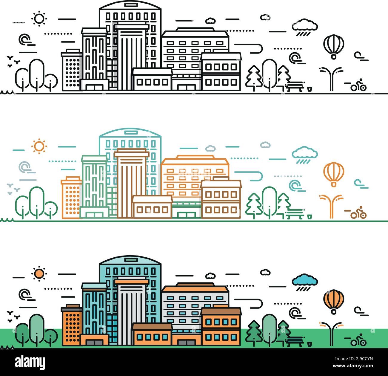 Linear cityscape concept with buildings and park landscape in ...