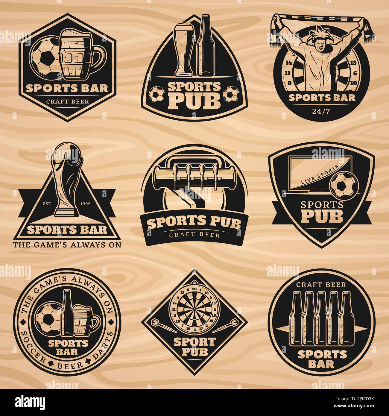 Black vintage sport bar labels set with equipment fan and beer elements ...