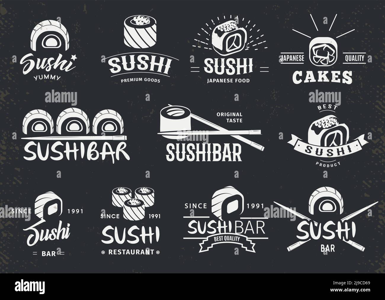 White traditional japanese food emblems set with sushi and chopsticks ...