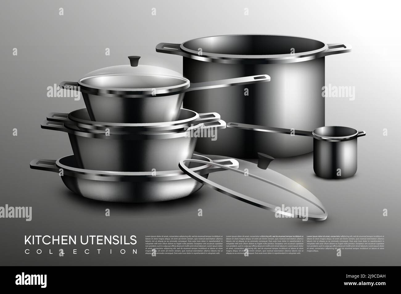 Realistic kitchen utensil collection with metallic pots and pans of ...