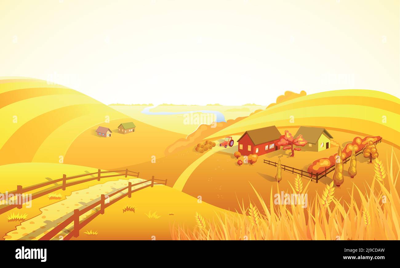 Autumn farm landscape composition with orange field trees houses wheat ...