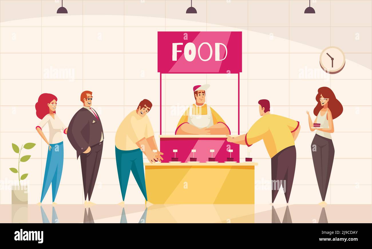 Expo stand background with food promotion symbols flat vector ...