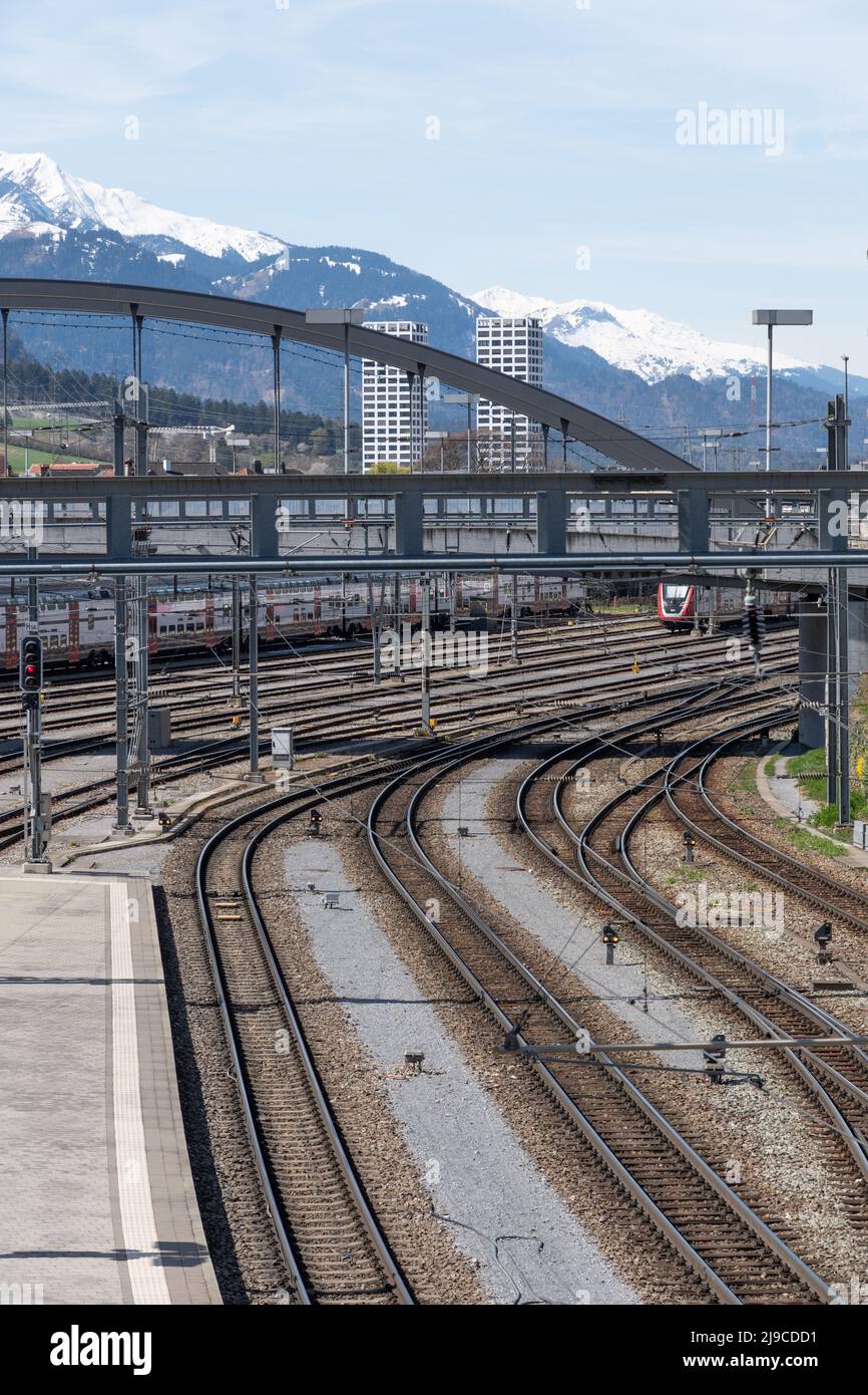 Chur, Switzerland, April 11, 2022 Rail road at the main train station ...