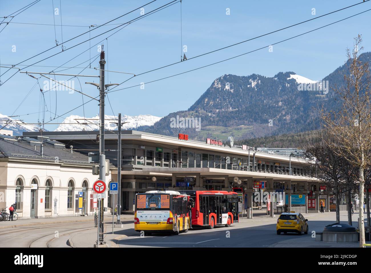 Chur, Switzerland, April 11, 2022 Buses in front of the main train ...