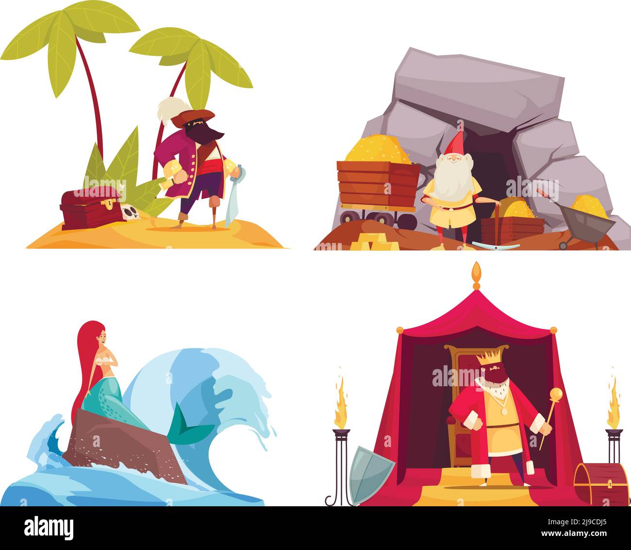 Fairy tale characters concept icons set with pirate and mermaid flat ...