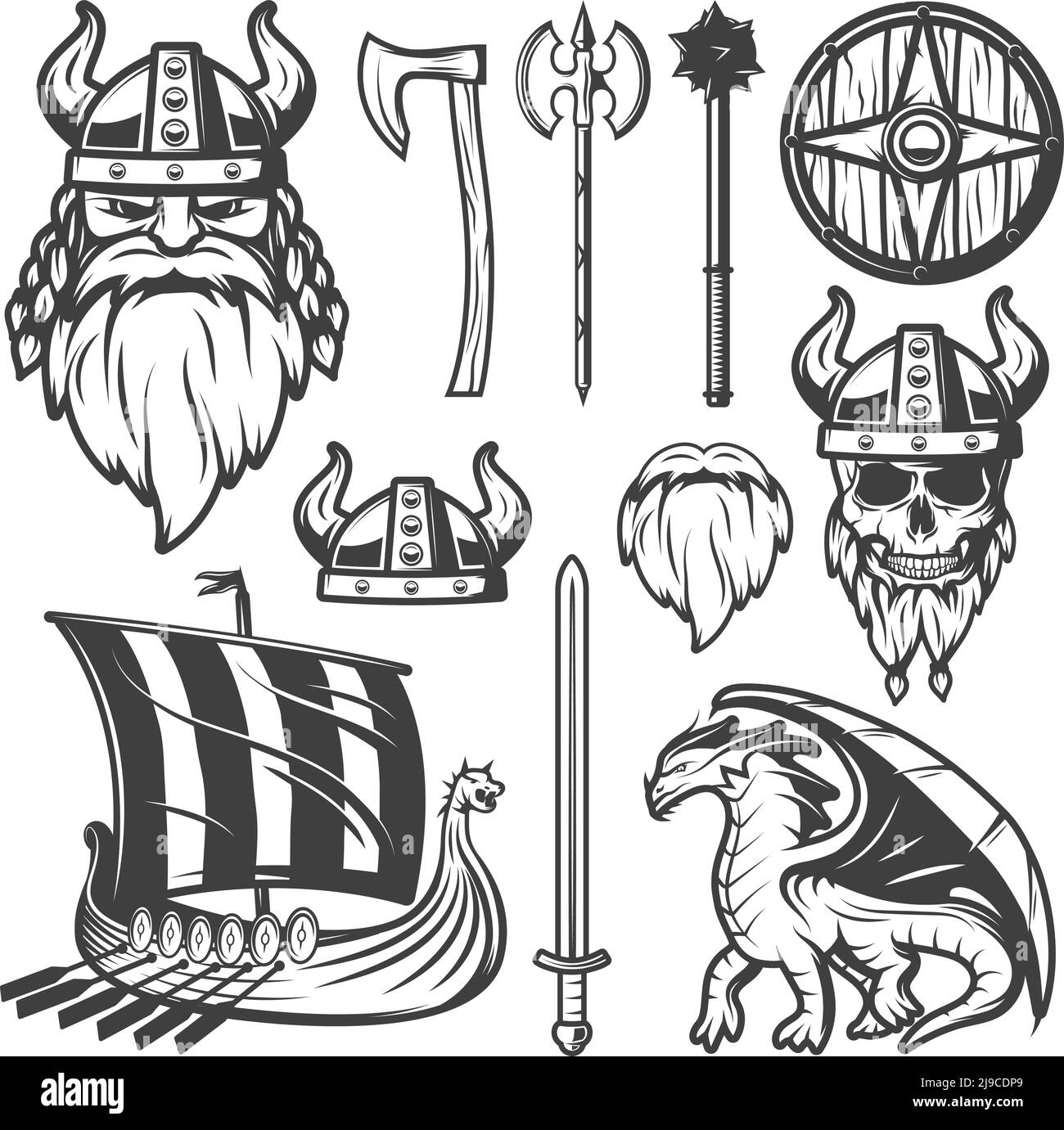Black vintage viking icon set with tools and elements in life this ...