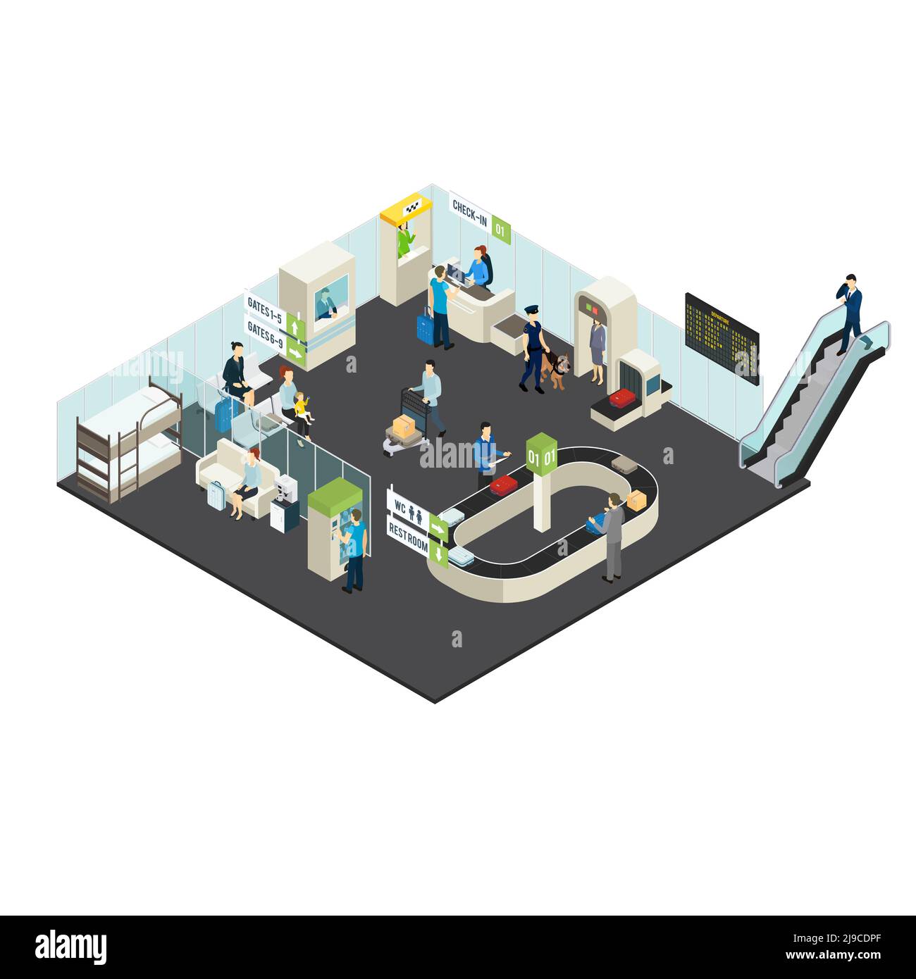 Airport interior isometric concept with passengers staff check-in ...