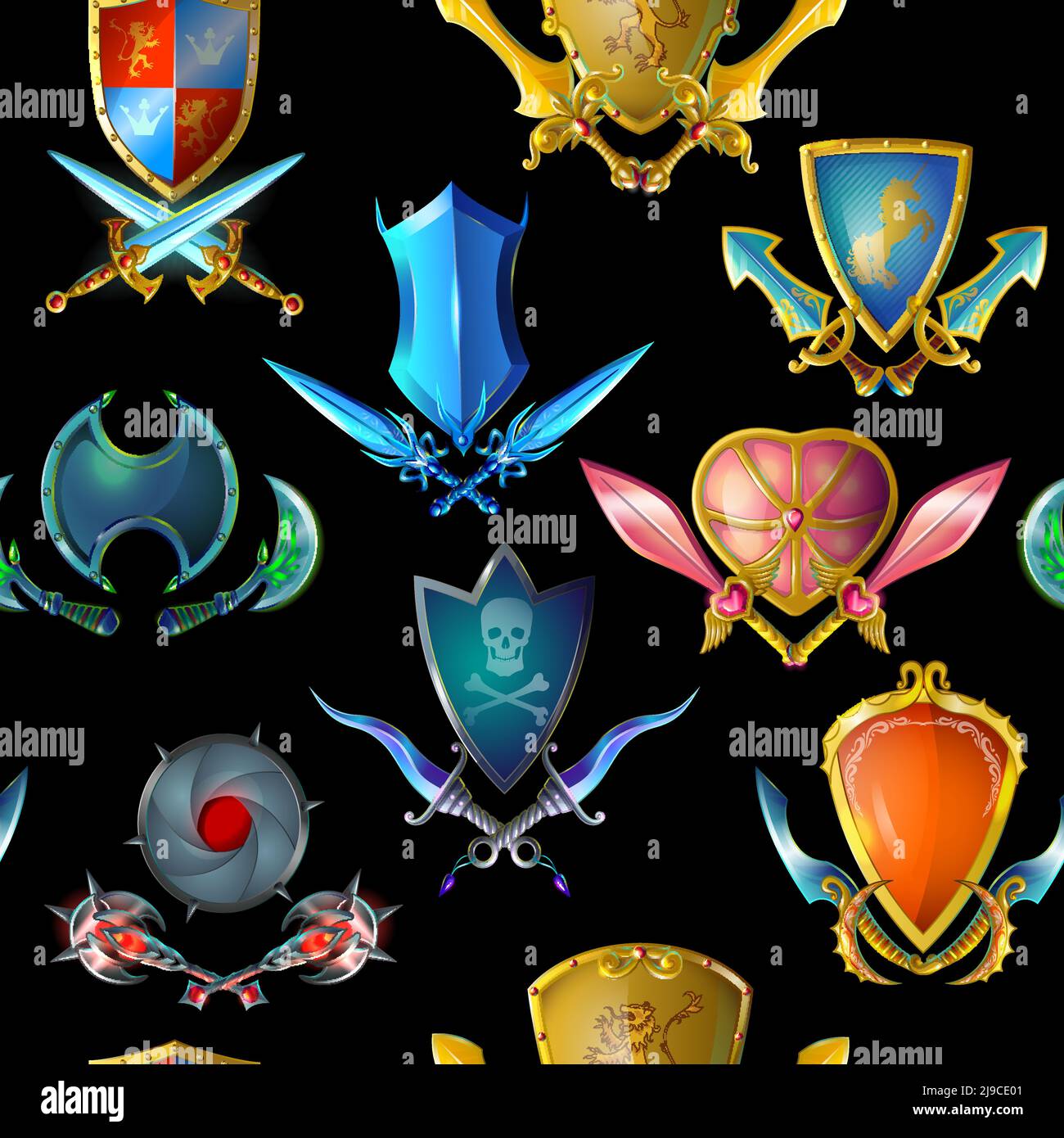 Medieval arms seamless pattern with colorful weapons and shields for ...