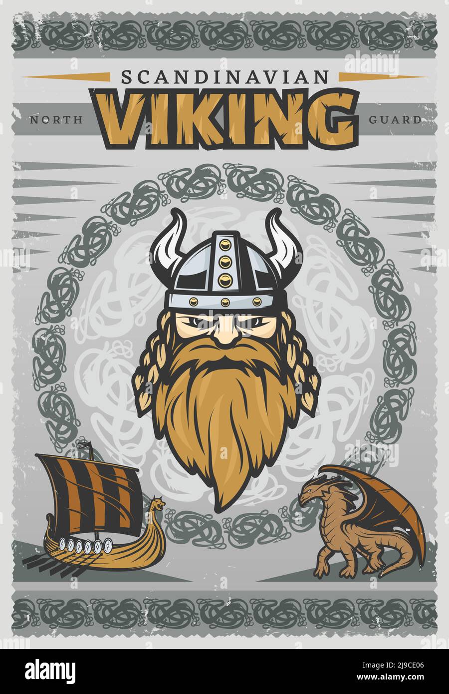 Viking vintage poster with face of Scandinavian Viking and his reg ...