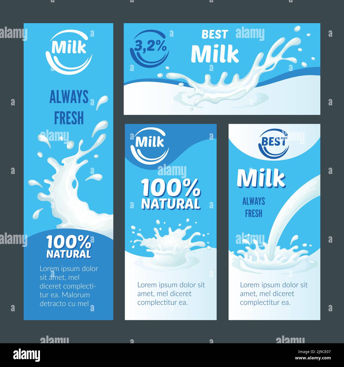 Cartoon natural milk brochures with liquid splashes and drops for ...