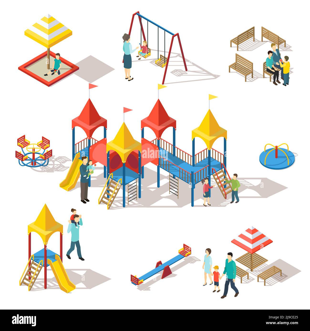 Colorful isometric playground elements set with people swing bench ...