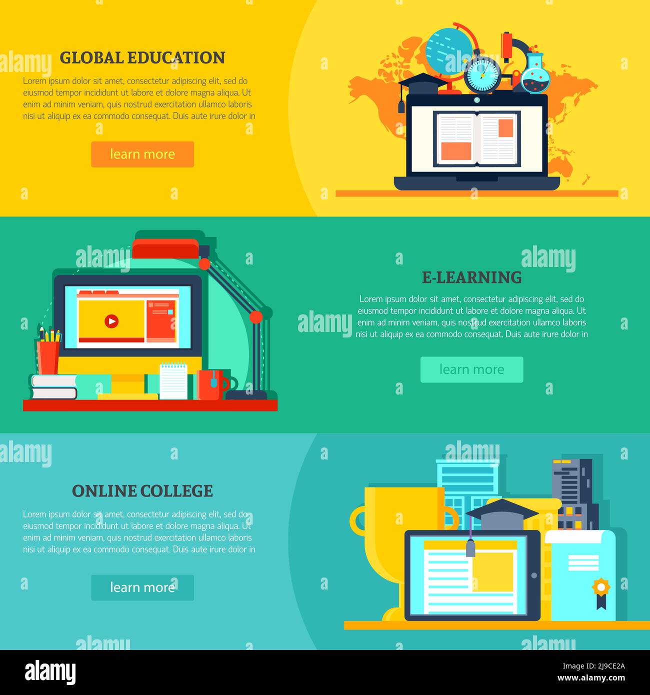 Online education horizontal banners with global virtual learning and ...