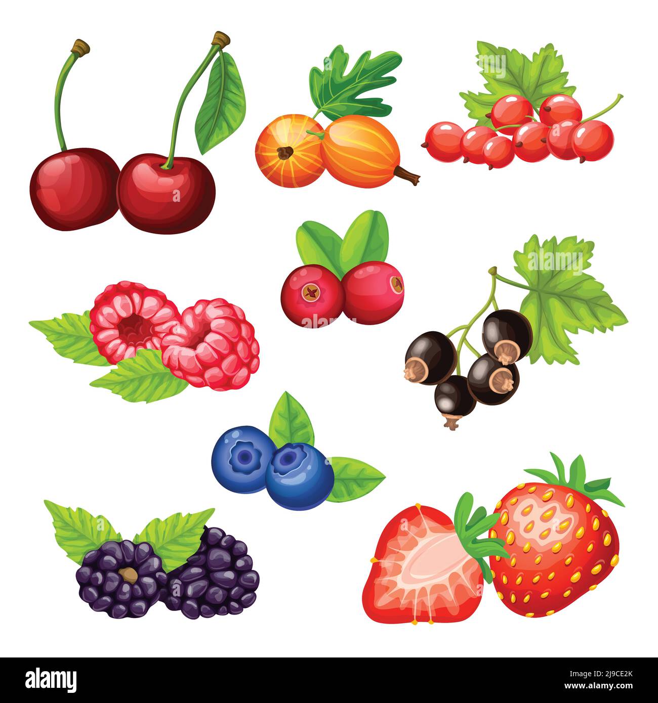 Colorful cartoon berries icons collection with cherry gooseberry ...