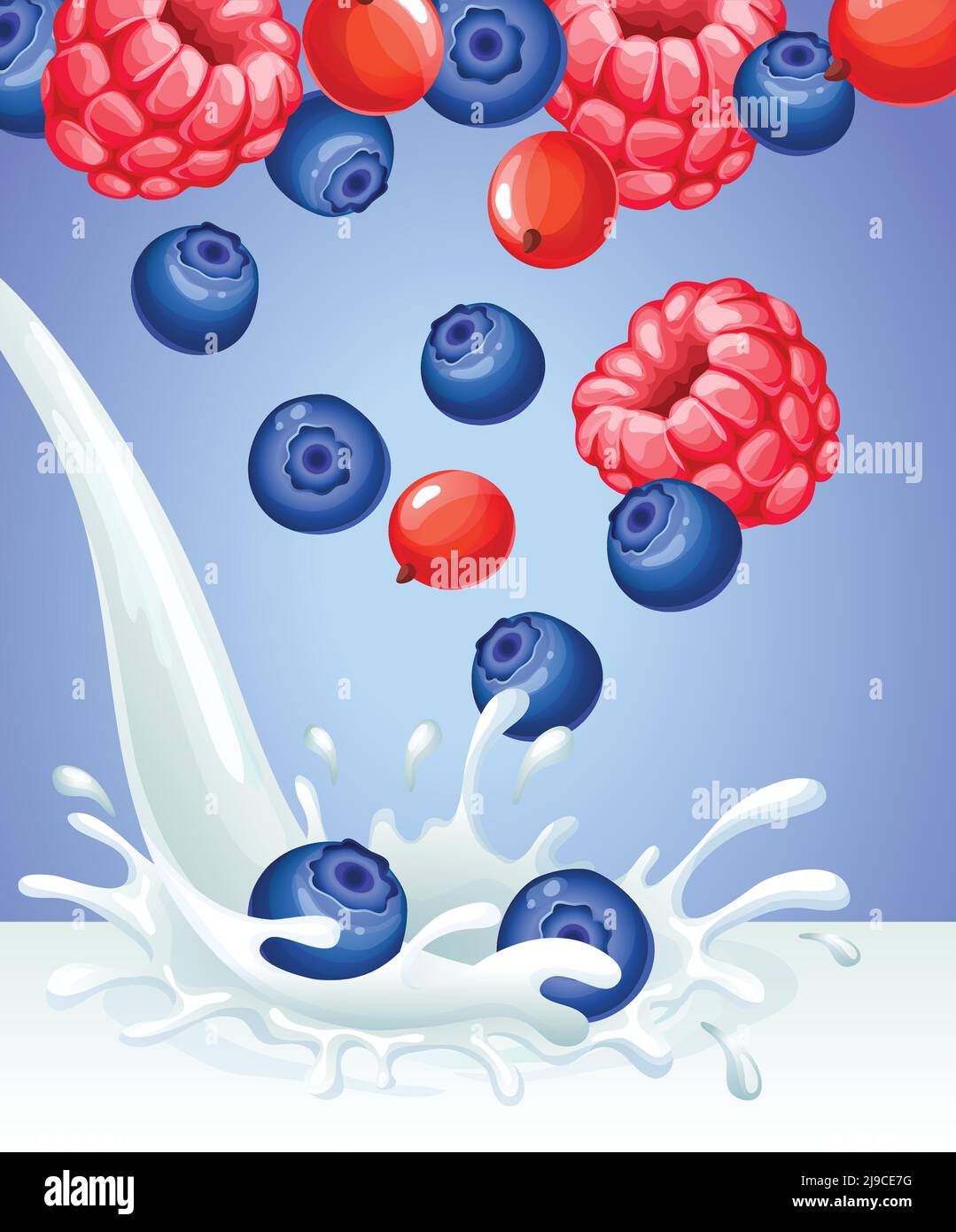 Cartoon natural dairy product background with healthy berries falling ...