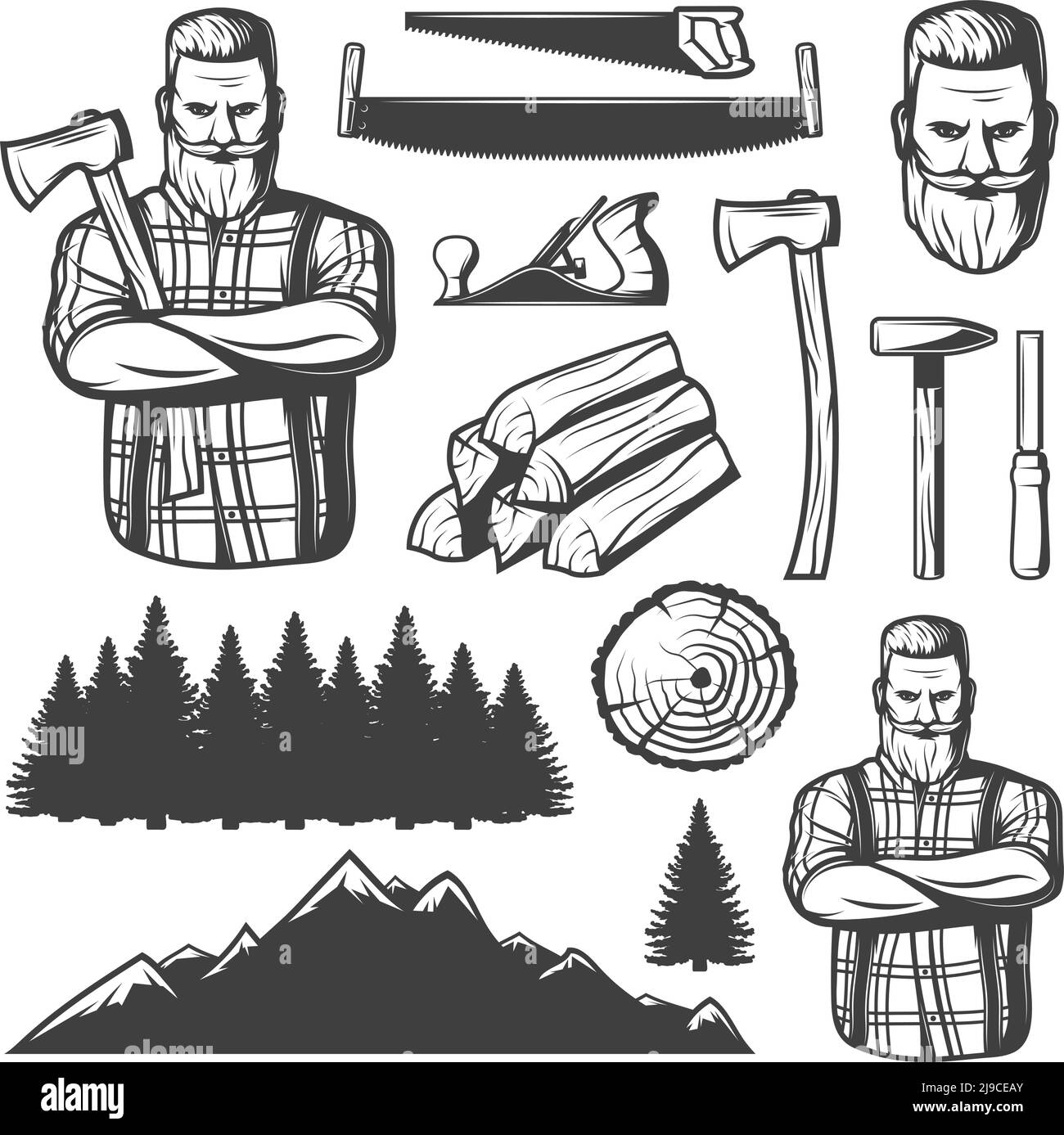 Set of isolated vintage lumberjack emblem elements woodsman character ...