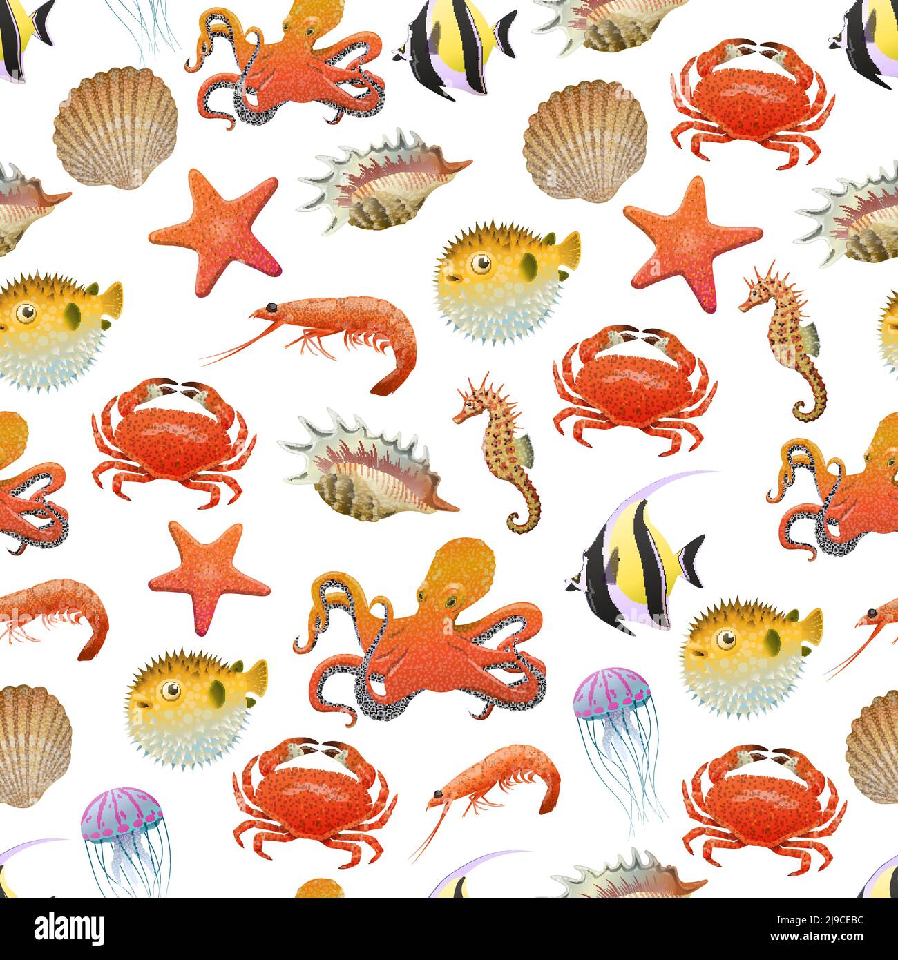 Sea and ocean life seamless pattern with marine creatures and animals ...