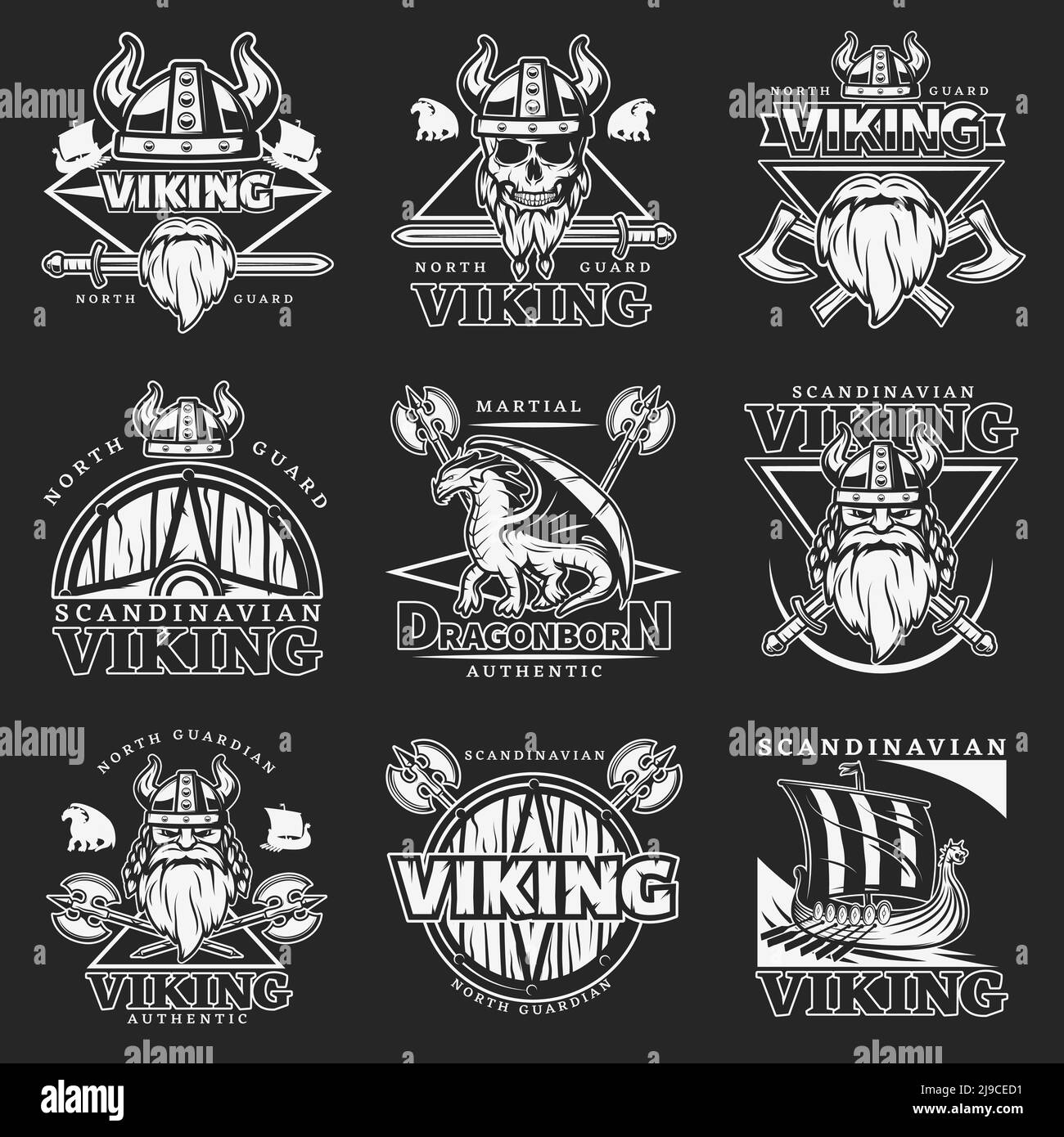 White isolated viking emblem set with north guard and Scandinavian ...