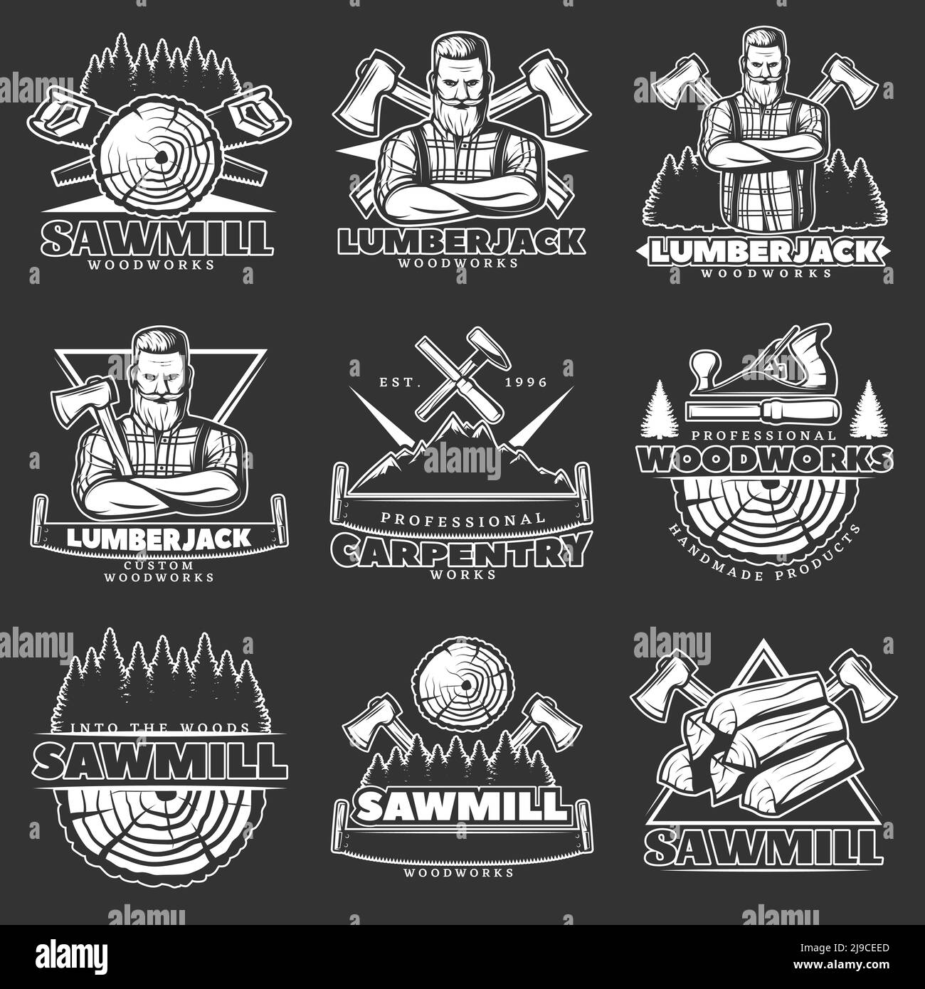 Nine isolated lumberjack emblems set with professional carpentry ...