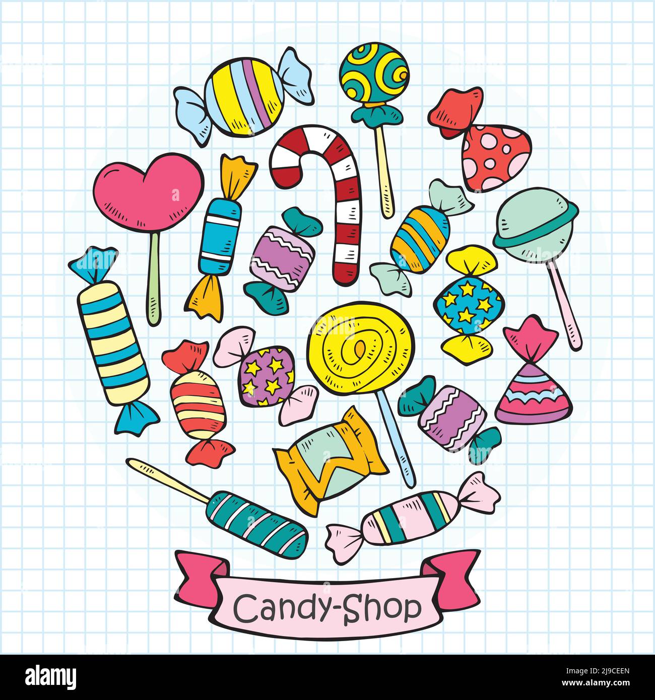 Sketch colored candies and lollipops collection of different shapes and ...