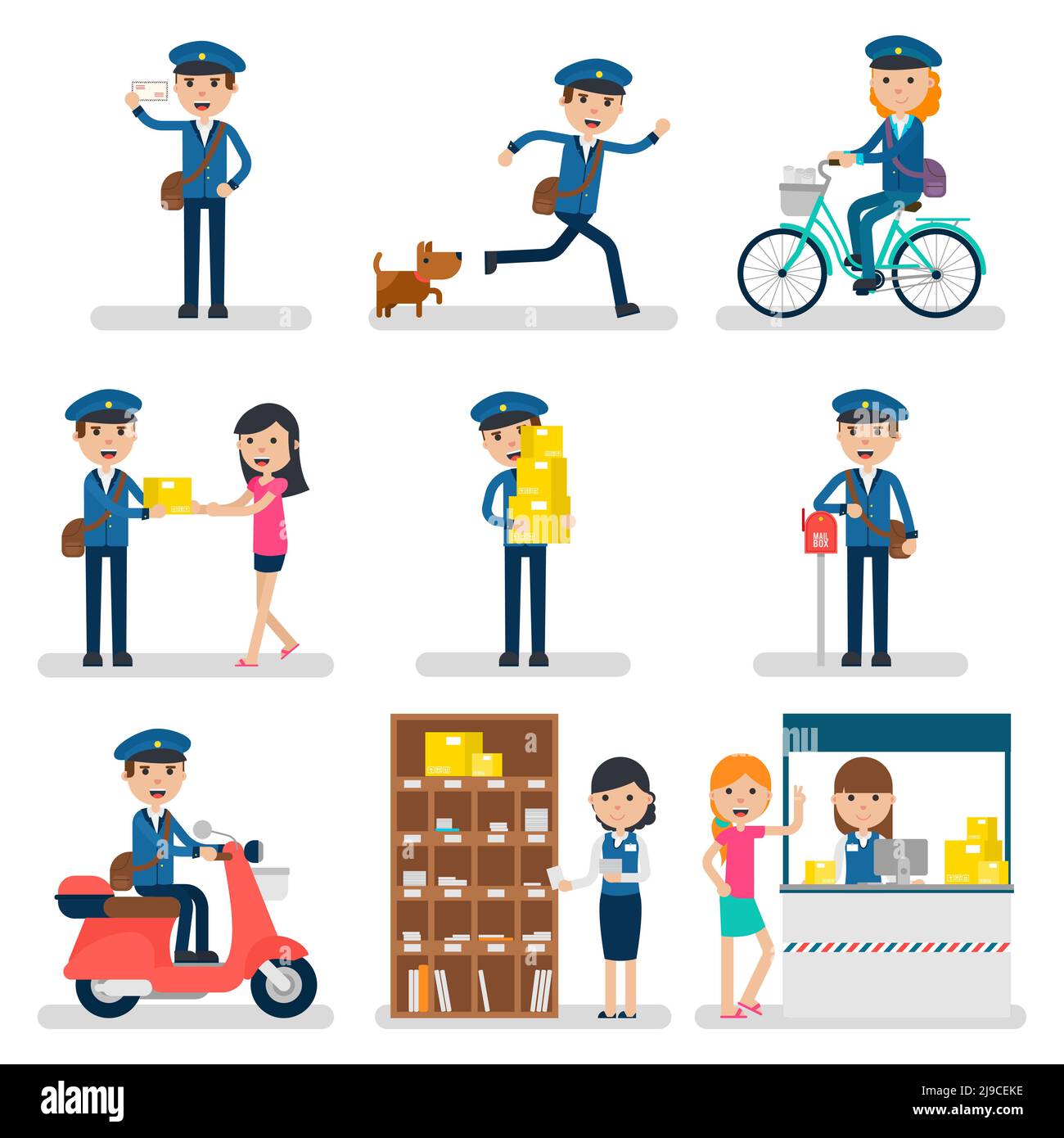 Postman character collection in different situations and poses in flat ...