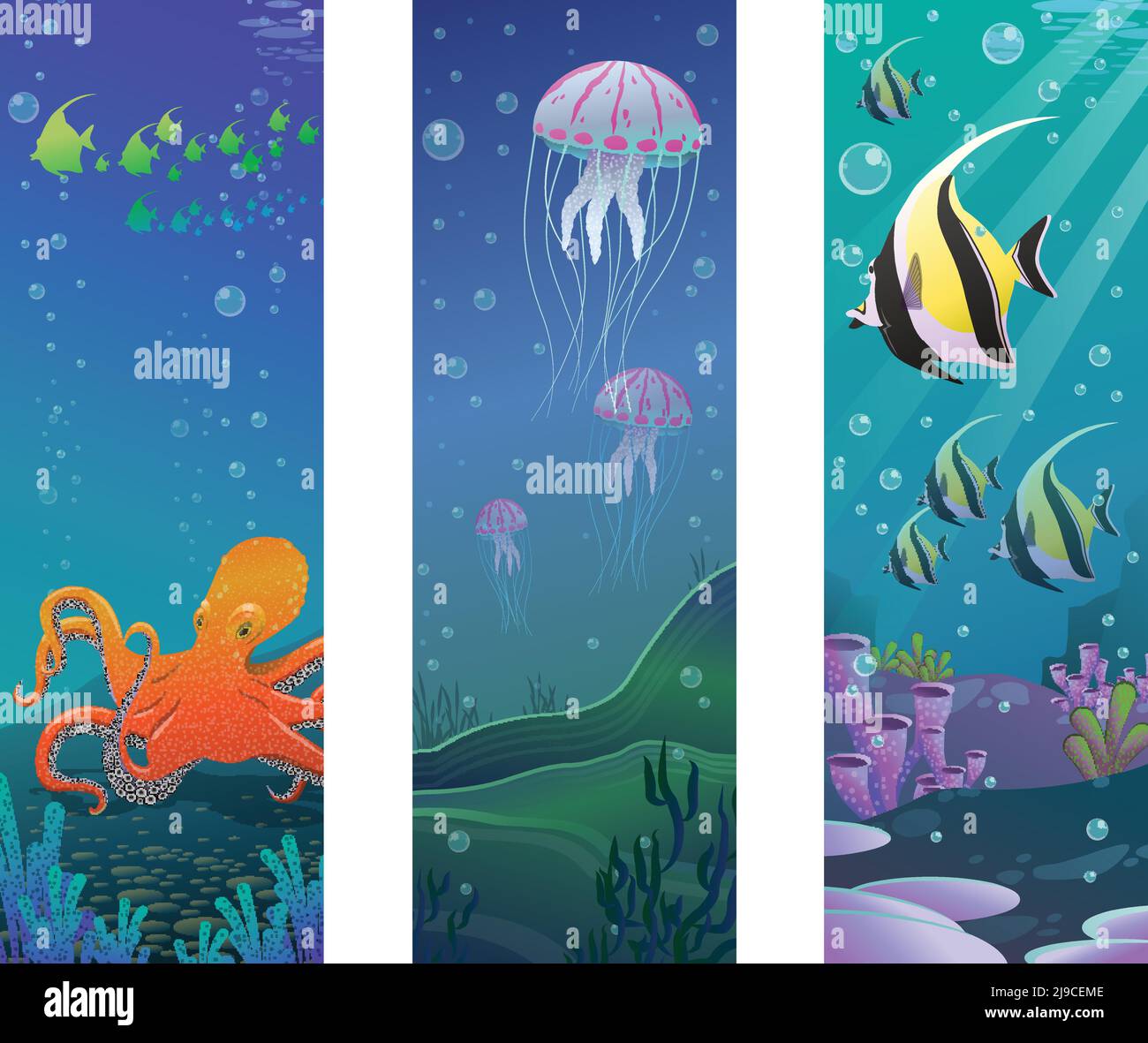 Cartoon underwater sea animals vertical banners with discus fishes ...