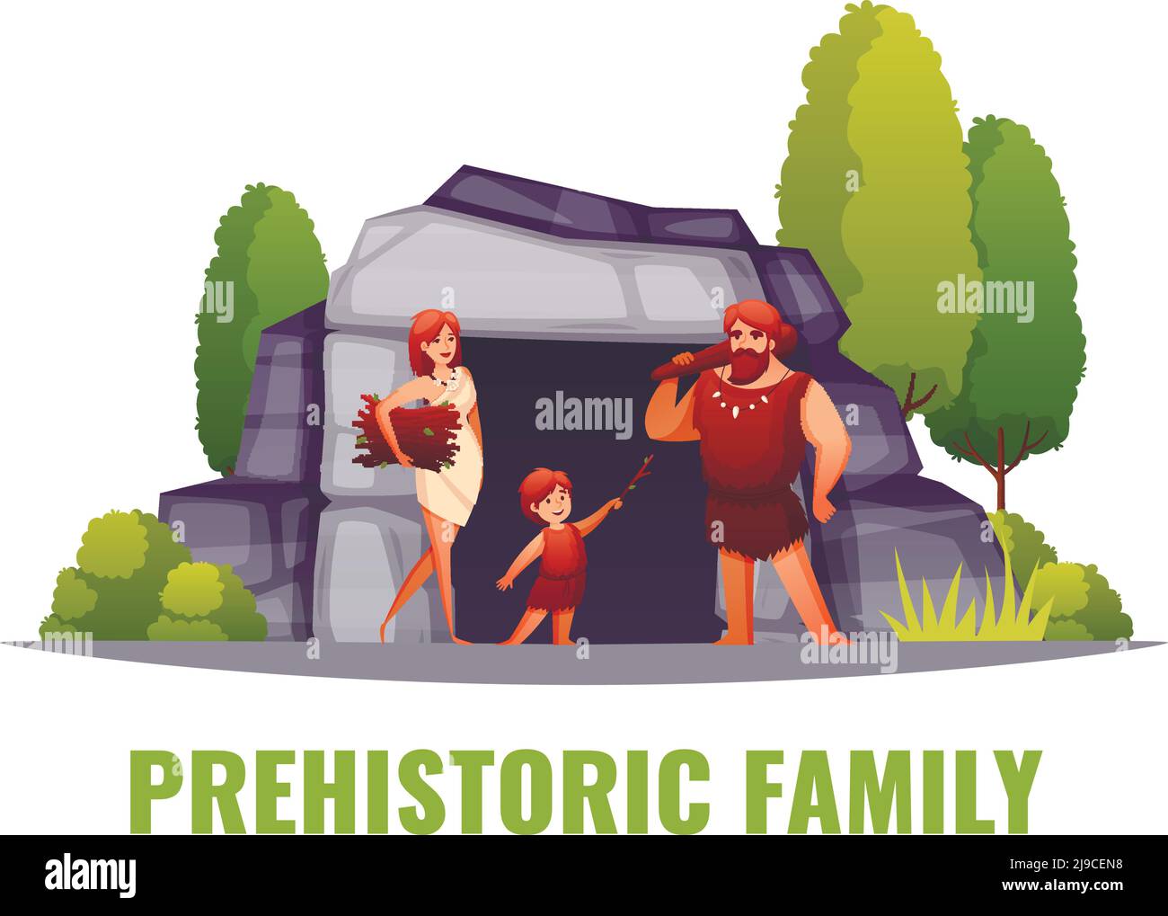 Prehistoric people family in front of cave entrance with weapon ...