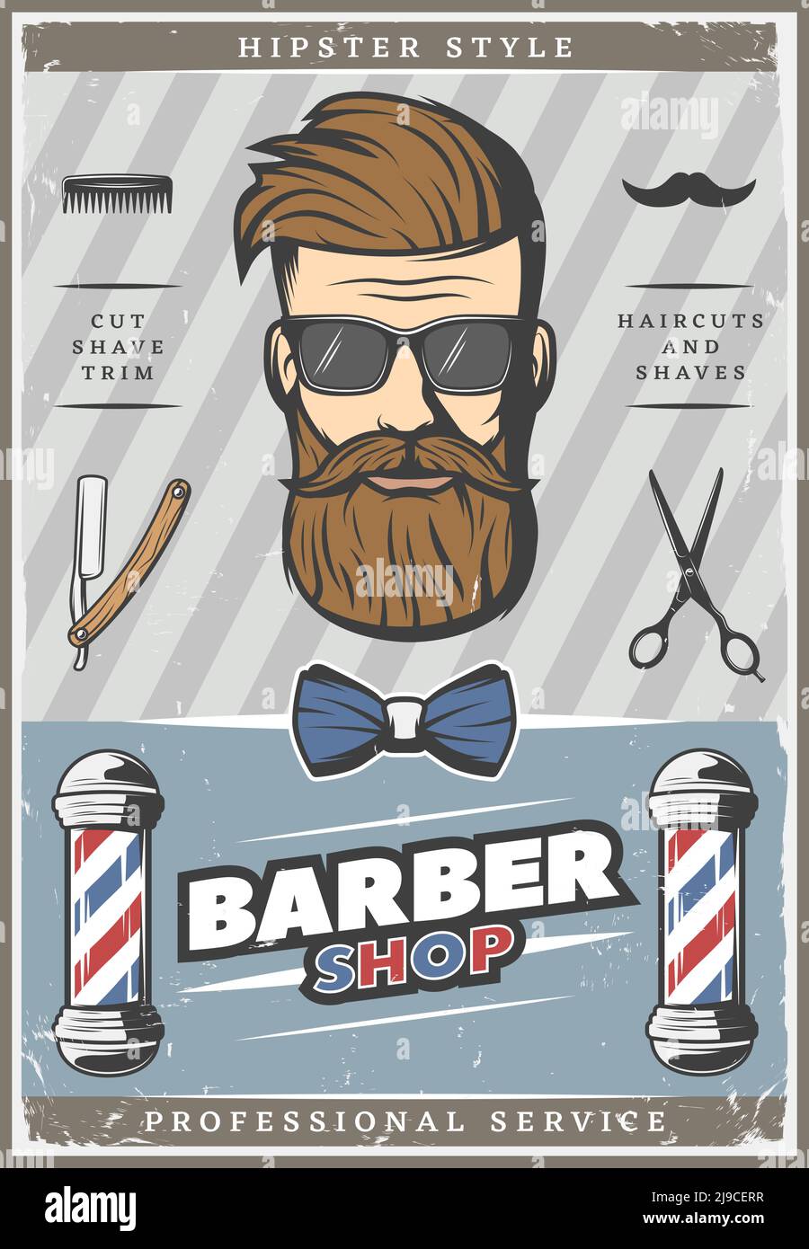 Old style poster with male hipster head bow tie scissors brush rake ...