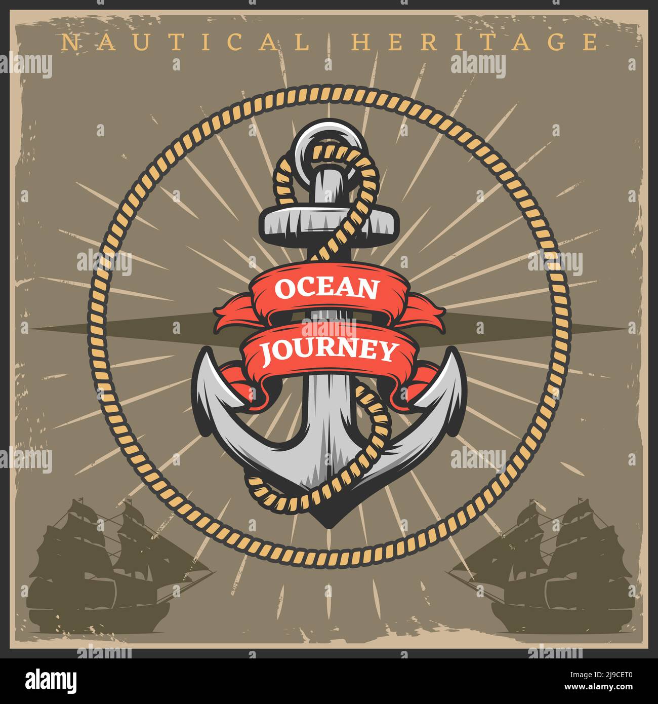 Colored vintage sailor naval poster with cartoon anchor red ribbon and ...