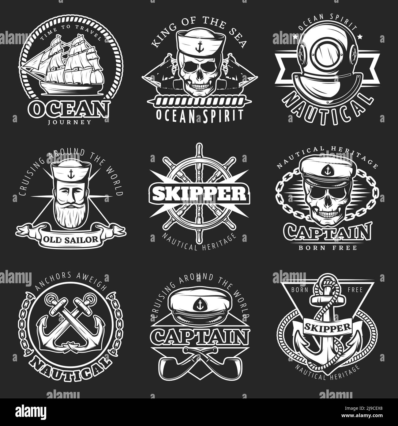White vintage sailor emblem set with king of the ocean born free ...