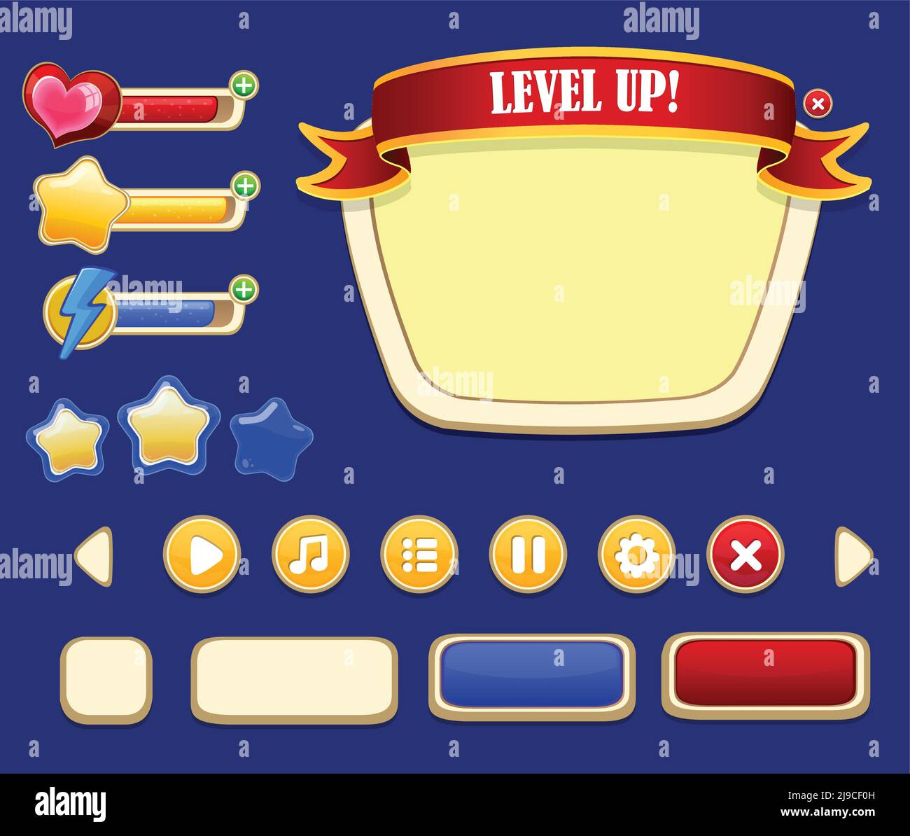 Cartoon game user interface concept with bright frame health experience energy indicators and ...