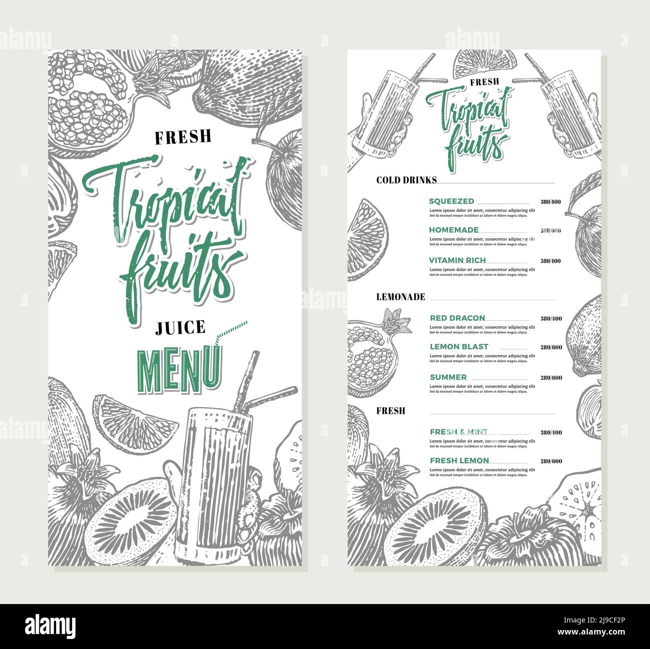 Fresh restaurant menu template with healthy tropical fruits drinks and ...