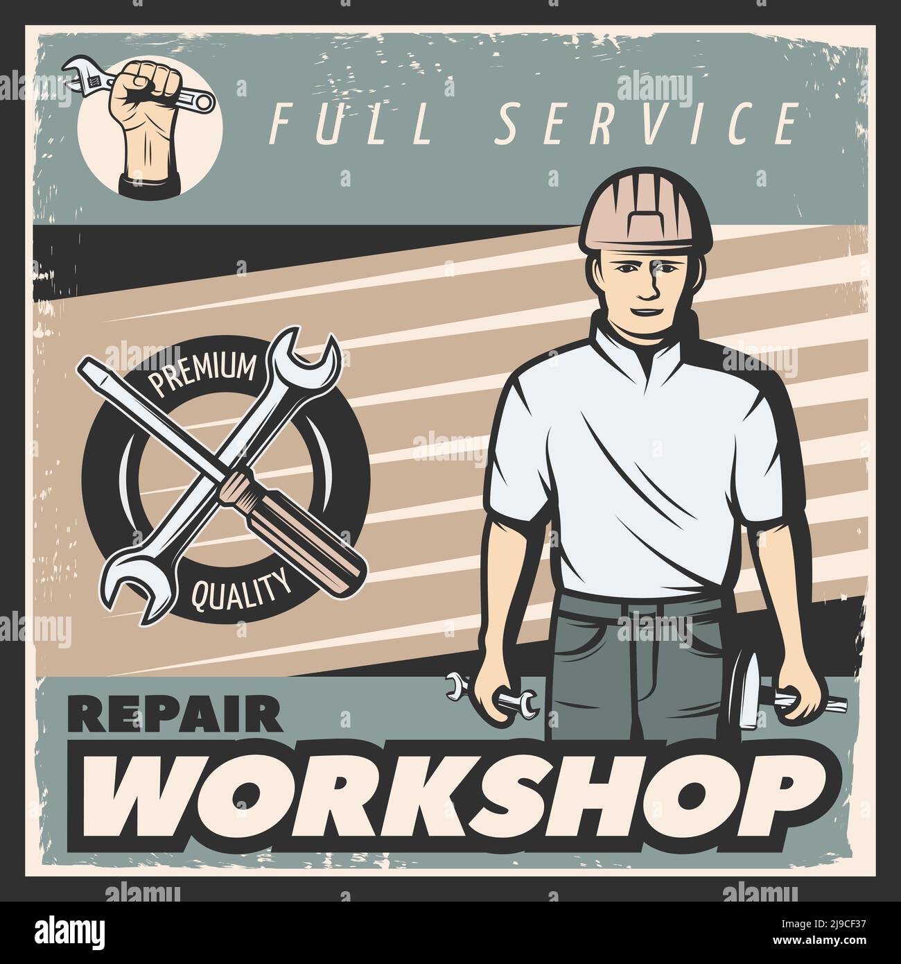 Repair workshop poster with mechanic screwdriver and wrench in vintage ...