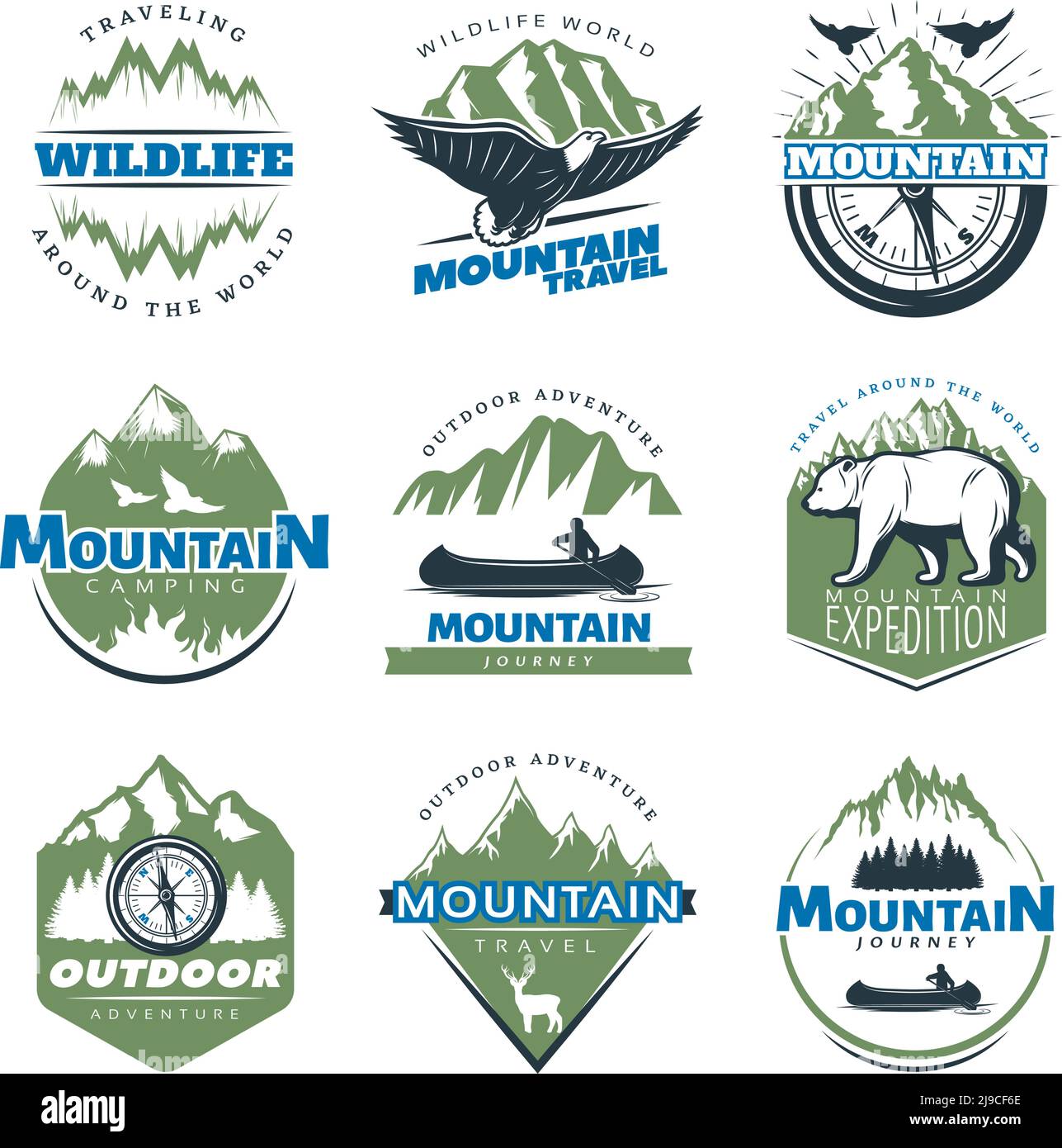 Outdoor adventures and tourism colorful logos with mountains peaks and ...