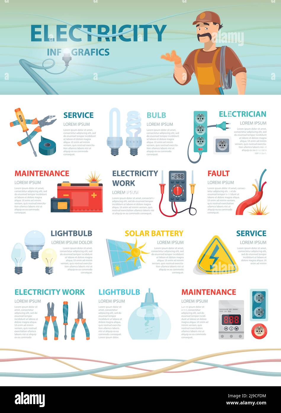 Professional electrician infographic template with colorful electrical ...