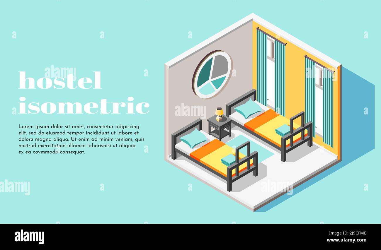 Hostel room interior for two guests isometric background with beds and ...
