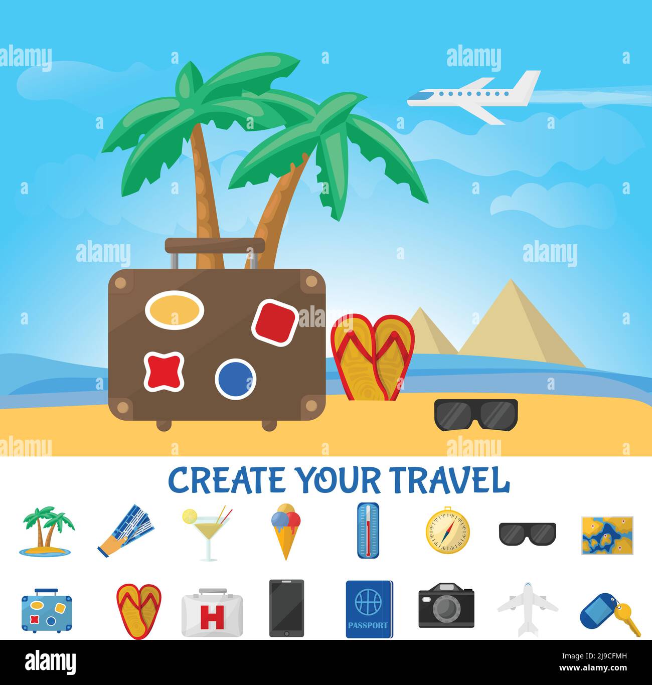 Colorful summer travel composition with bag flip flop sunglasses on ...