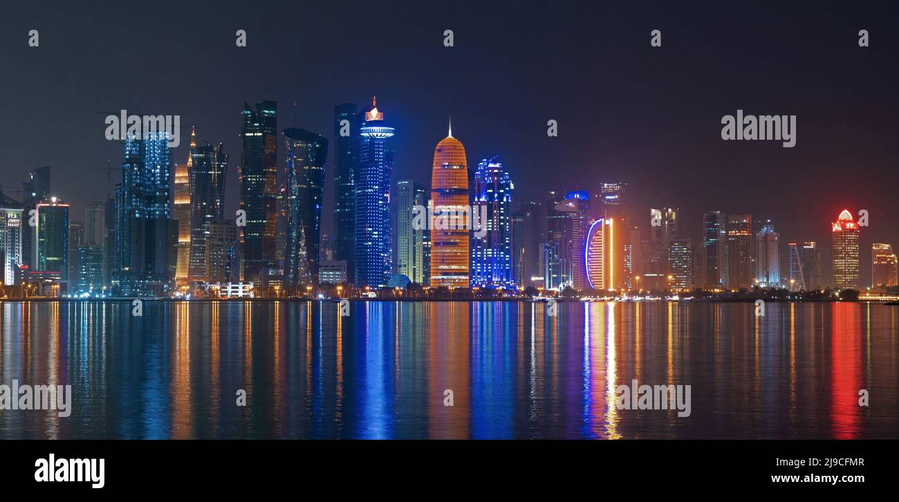 Doha, Qatar- May 5,2022 : Doha skyline with many towers during the ...