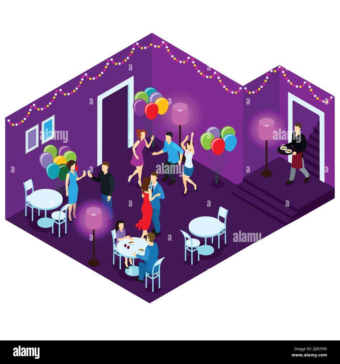 Dancing and sitting people at party in restaurant with white tables and ...