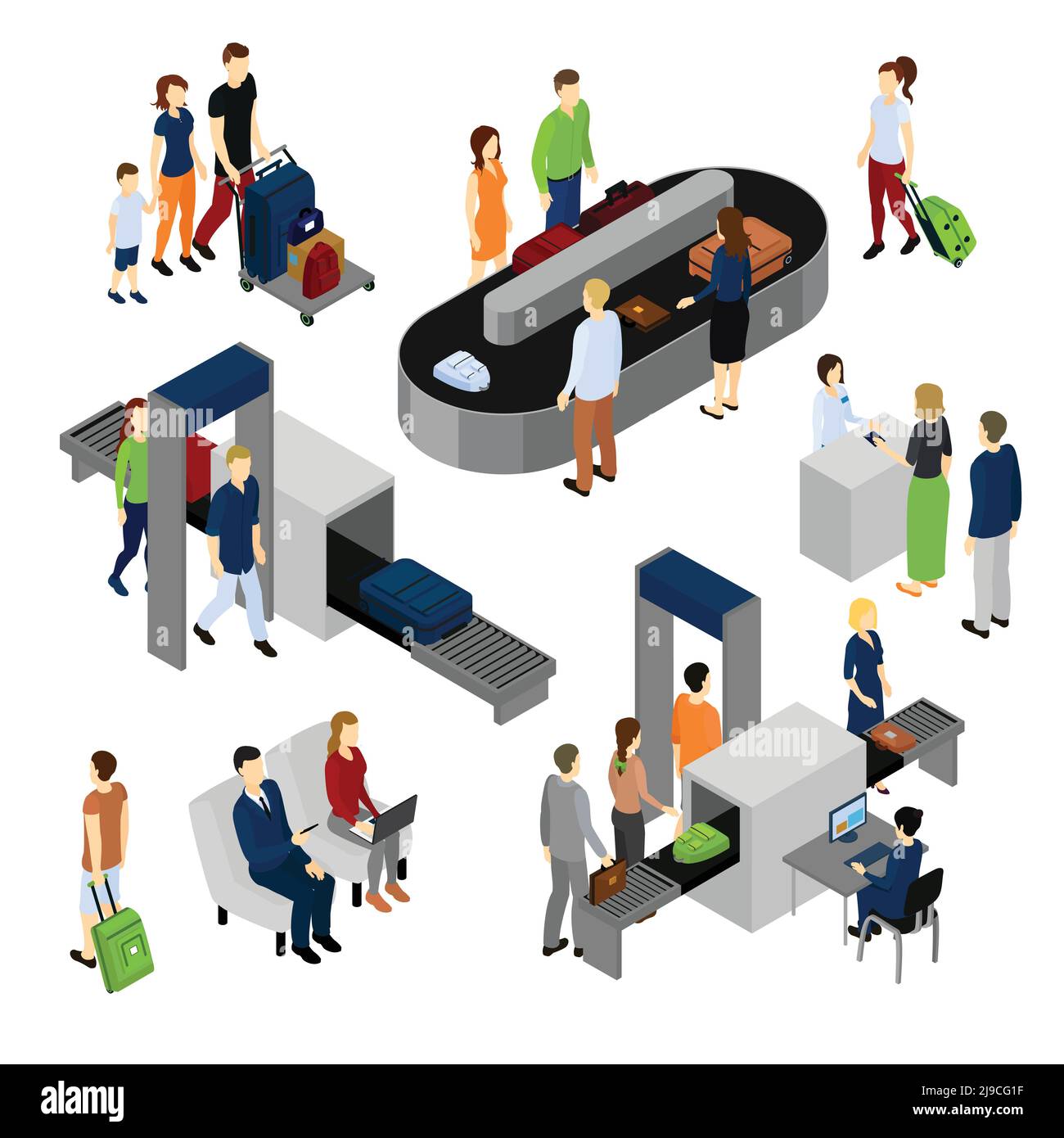 Isometric set of scenes with people in airport including security ...