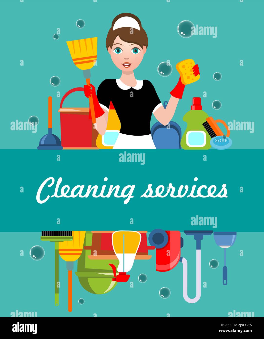 Flat cleaning service poster with maid household equipment tools and ...