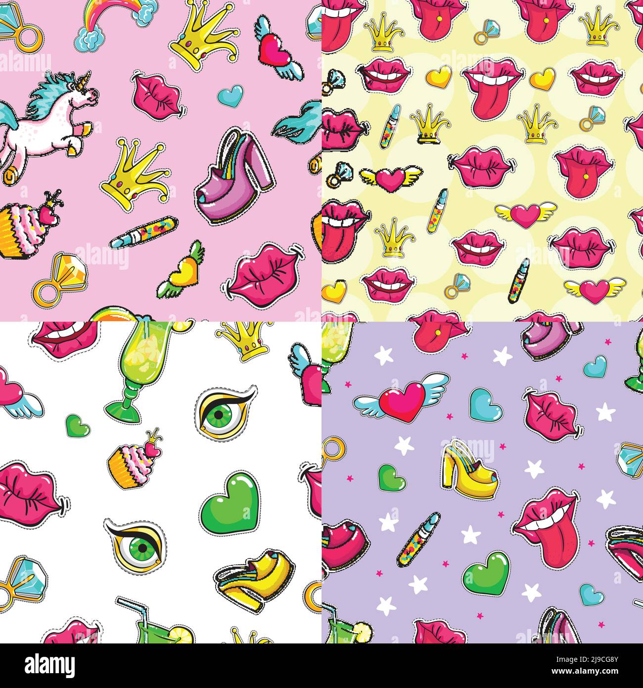 Cartoon female patches seamless patterns set with colorful comic badges ...